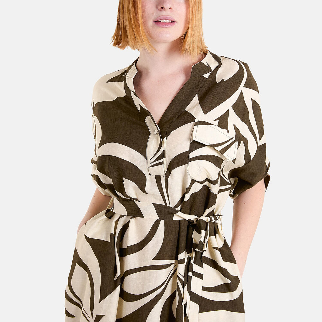 Chilli Charm Leaf Print Tie Front Relaxed Midi Dress – Idealworld