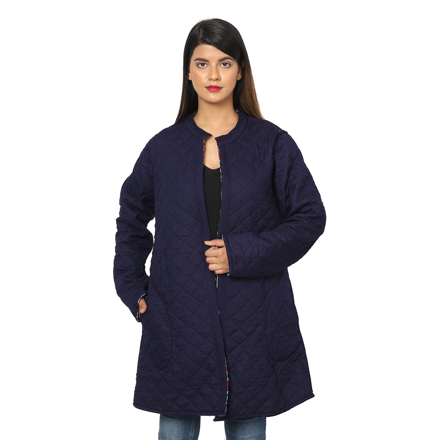 Handmade Printed Reversible Quilted Women's Jacket in Navy Blue and ...